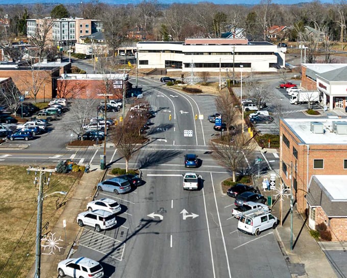 From above, Morganton reveals its perfect balance of urban planning and natural beauty, like a model train town come to life.