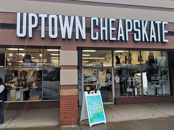 The entrance sets the stage: part boutique, part treasure hunt. That sidewalk sign might as well say "Abandon full-price shopping, all ye who enter here."