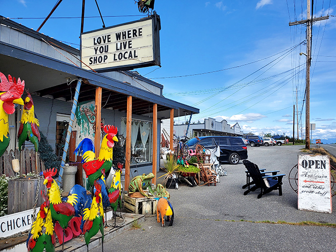 "Love where you live, shop local" isn't just a slogan here&mdash;it's a lifestyle. The vibrant metal roosters stand like colorful sentinels guarding the entrance.