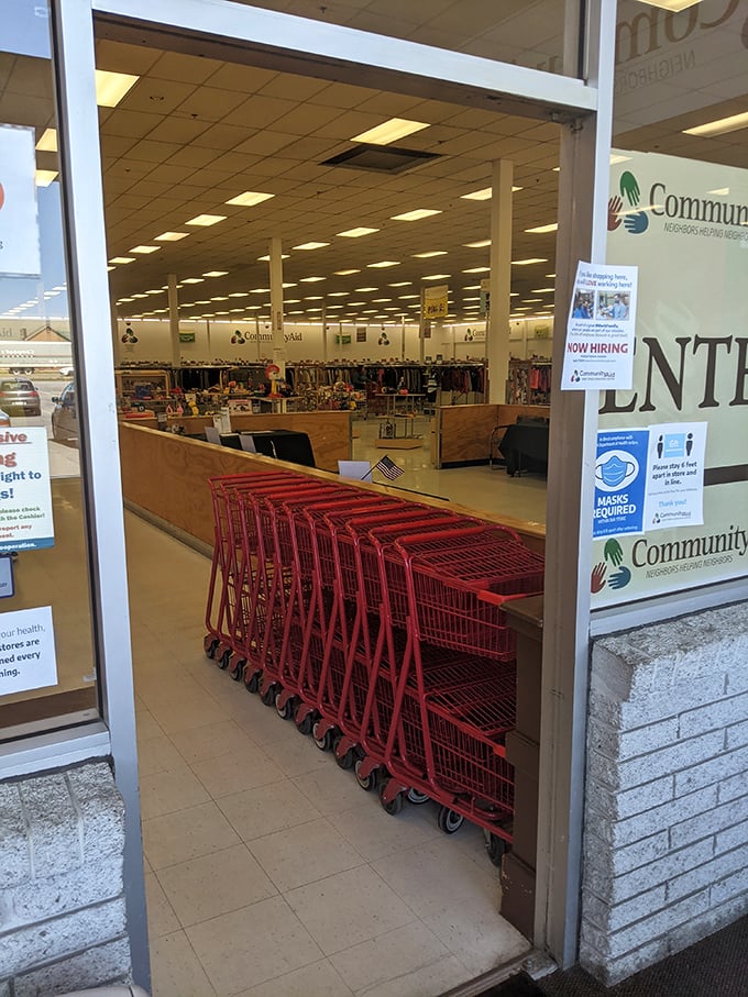 The gateway to affordable possibility. Those red carts aren't just for shopping; they're vessels for potential fashion revolutions.
