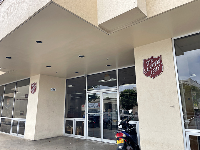 The entrance might be humble, but that red shield promises an adventure in affordable retail therapy without the "financial trauma."
