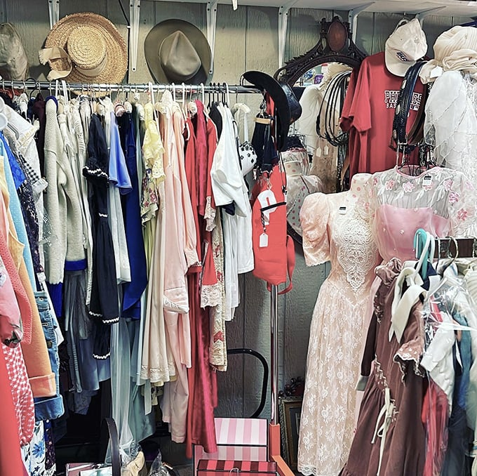 Vintage fashion hangs like ghosts of style eras gone by, each dress whispering tales of dances, dates, and dramatic entrances.