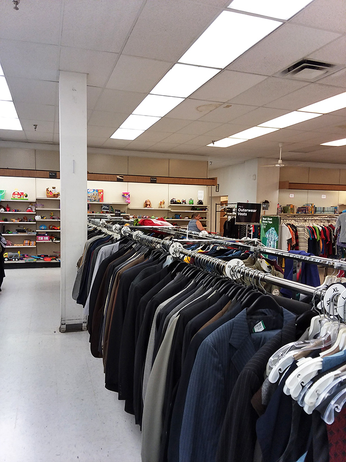 The men's formalwear section: where yesterday's board meeting attire awaits tomorrow's wedding guest, job interviewer, or theatrical production.
