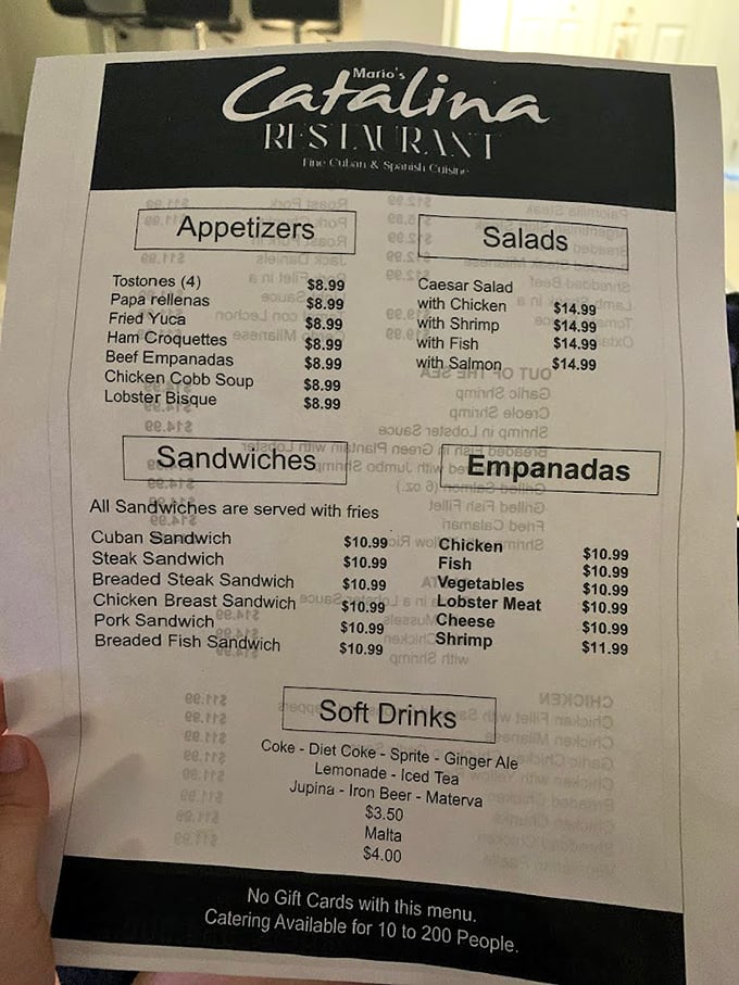 The menu reads like a love letter to Cuban classics. Empanadas, tostones, and sandwiches that transport you straight to Havana.