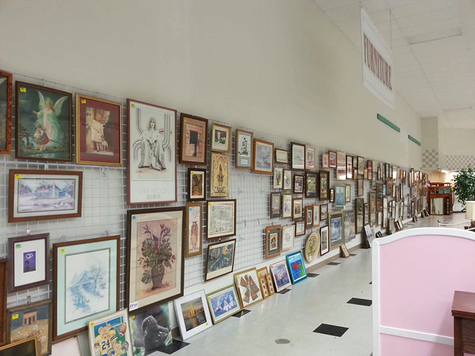 The wall of framed artwork offers everything from religious icons to landscapes&mdash;like visiting a museum where you can actually take things home.