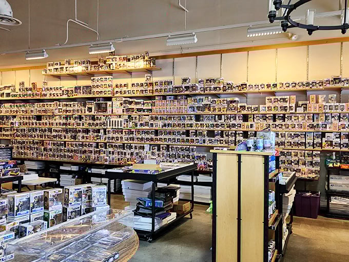 A collector's dream wall of Funko Pop! figures. Like Pokemon for adults—gotta catch 'em all, but where will you put them?