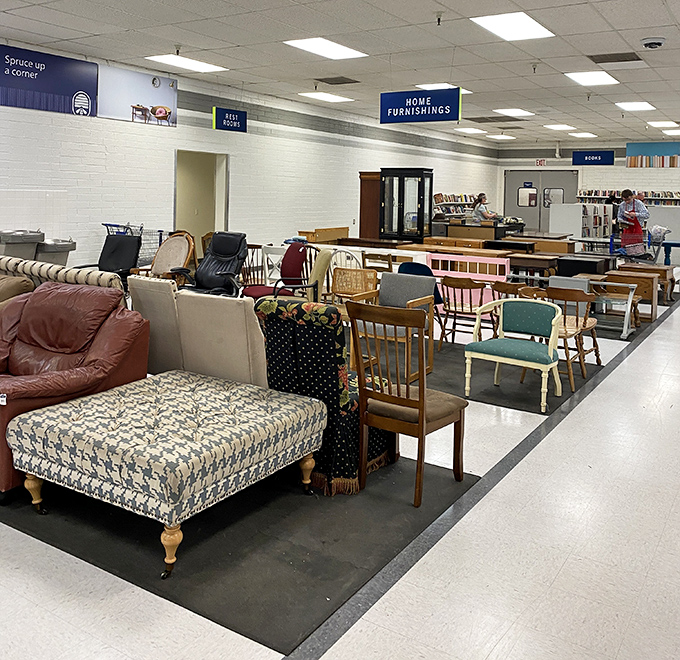 The furniture section: where mid-century modern meets "my grandmother had that exact chair!" Nostalgia and necessity, perfectly priced.