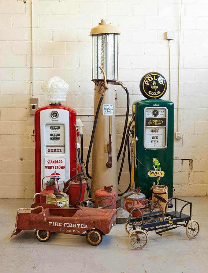 Remember when gas stations had personality? These vintage pumps and toy vehicles tell stories of road trips past, when filling up was an experience, not an errand.