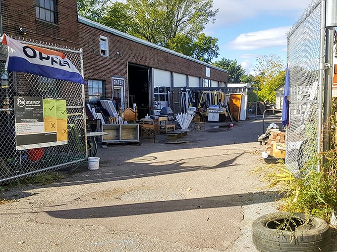 This outdoor area showcases building materials and larger items &ndash; a DIYer's playground where one person's castoff becomes another's masterpiece.