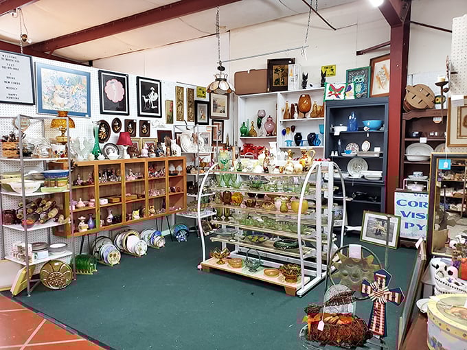 A collector's fever dream where glassware and figurines stand at attention, waiting for someone to give them a second life and a new story.