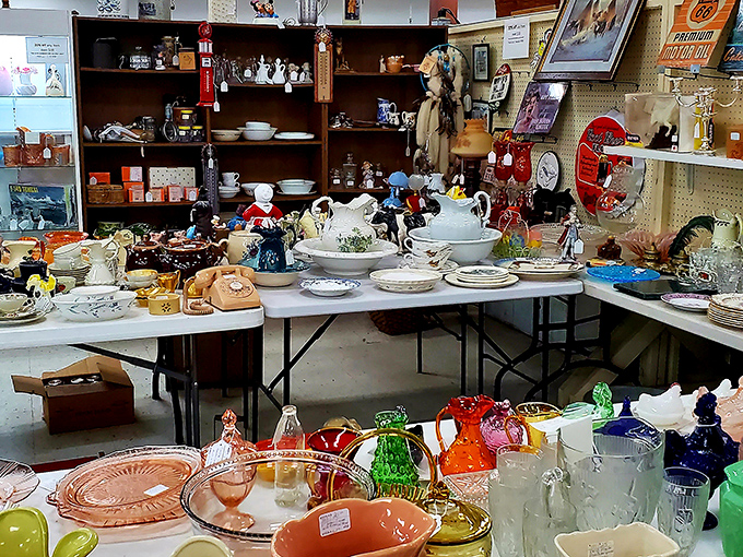 Tabletop treasures await new homes&mdash;colorful glassware and delicate china that survived decades of family dinners now ready for their second act.