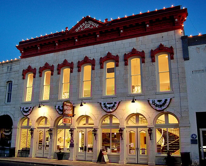 The Granbury Opera House stands as a limestone testament to the town's commitment to culture. By night, those lights transform it into pure magic.