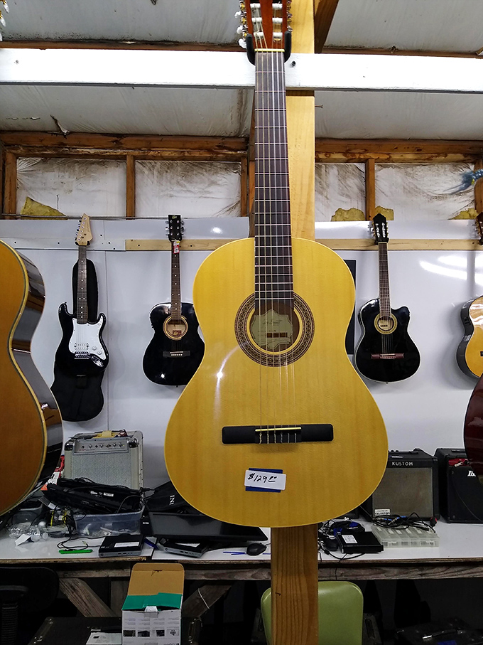 A symphony of strings awaits new musicians. That yellow classical guitar might be someone's ticket to becoming the next Willie Nelson.