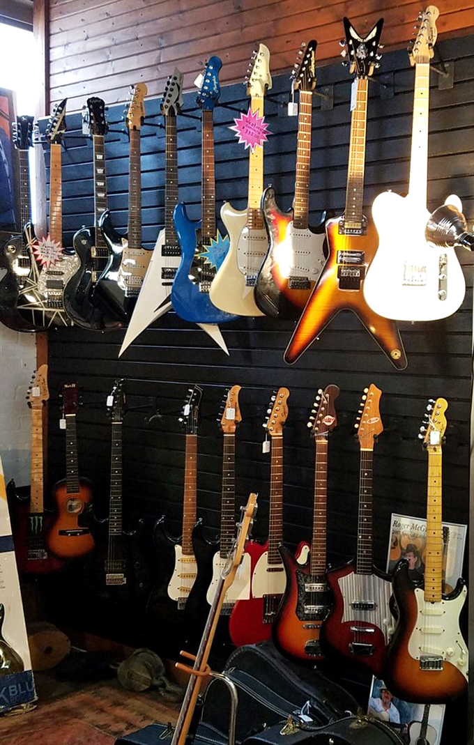 Rock and roll heaven hangs on the wall. Each guitar silently tells tales of garage bands, teenage dreams, and that one perfect riff.