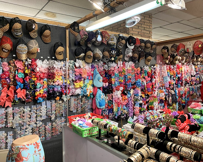 A kaleidoscope of hair accessories transforms this wall into a rainbow of possibilities. Every little girl's dream and every parent's negotiation challenge.