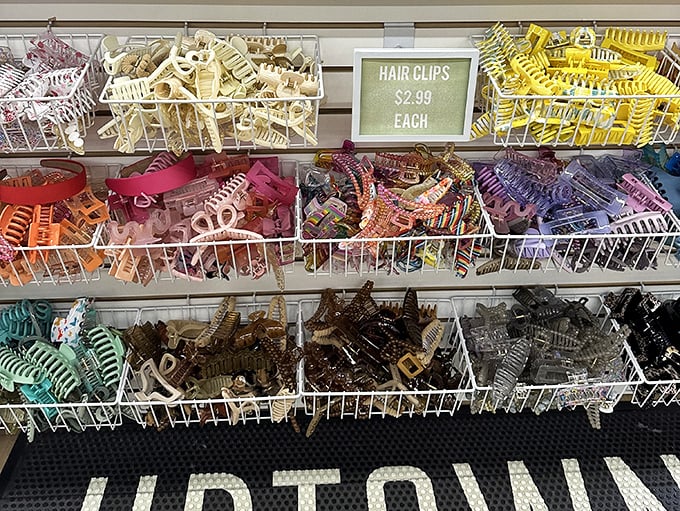 Hair clips in every color of the rainbow, organized like a craft store manager's fever dream&mdash;simple accessories, maximum impact.