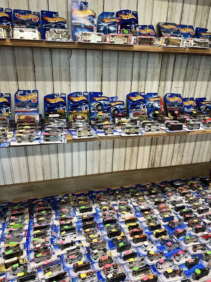 Hot Wheels heaven! Collectors could spend hours examining this meticulously organized wall of miniature automotive history, each tiny car a perfectly preserved time capsule.