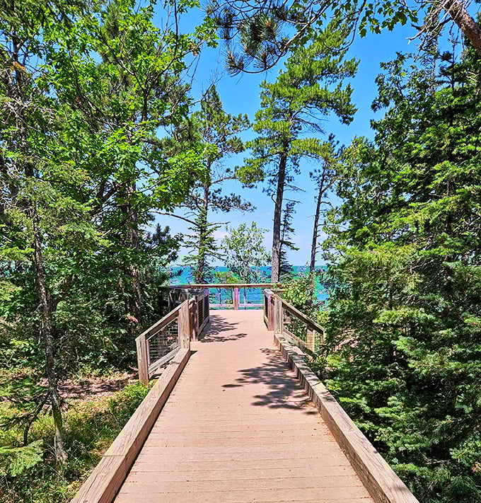 Nature's perfect invitation: a wooden boardwalk leading through pine sentinels toward Lake Superior's endless horizon. The suspense of what awaits makes every step delicious.