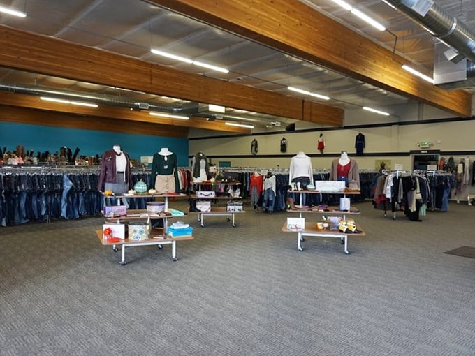 Exposed wooden beams and that signature turquoise wall create the perfect backdrop for fashion exploration without the mall madness.