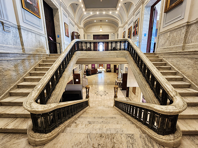 The grand marble staircase welcomes visitors with an elegance that belies the wonderfully weird medical treasures waiting just beyond.