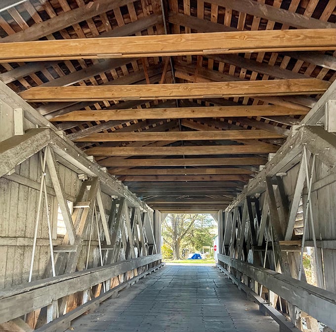 Step inside and marvel at the intricate wooden framework &ndash; architectural poetry from an era before power tools.