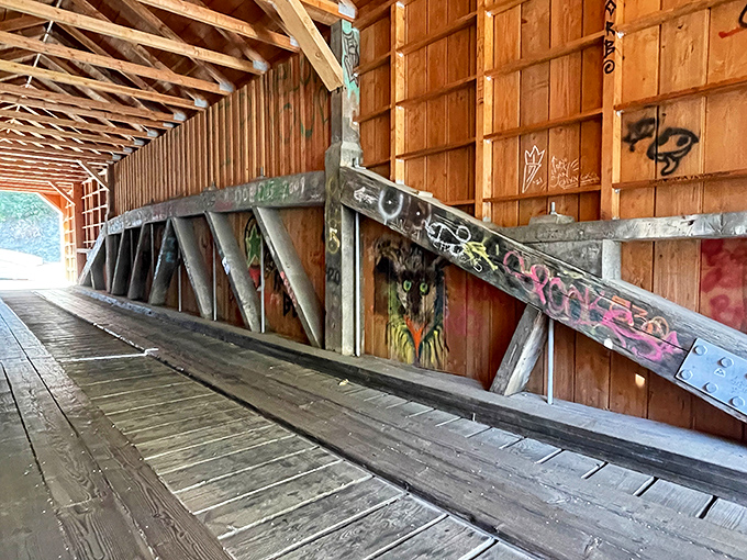 The interior's got more character than a Clint Eastwood movie marathon &ndash; graffiti, worn planks, and all.