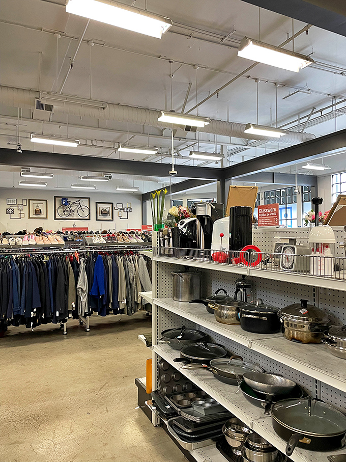 The cookware section: where cast iron skillets wait patiently for their next Sunday morning pancake destiny.