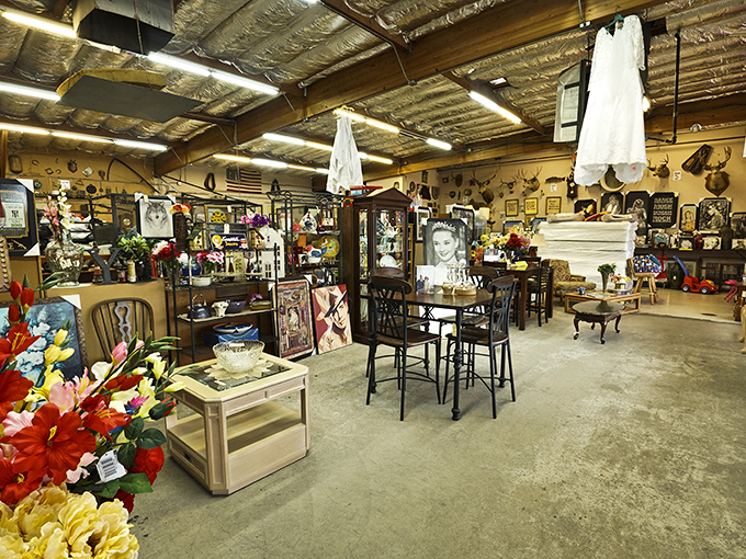 Inside, the eclectic collection of furniture, art, and memorabilia creates a museum of everyday Americana where everything has a price tag.