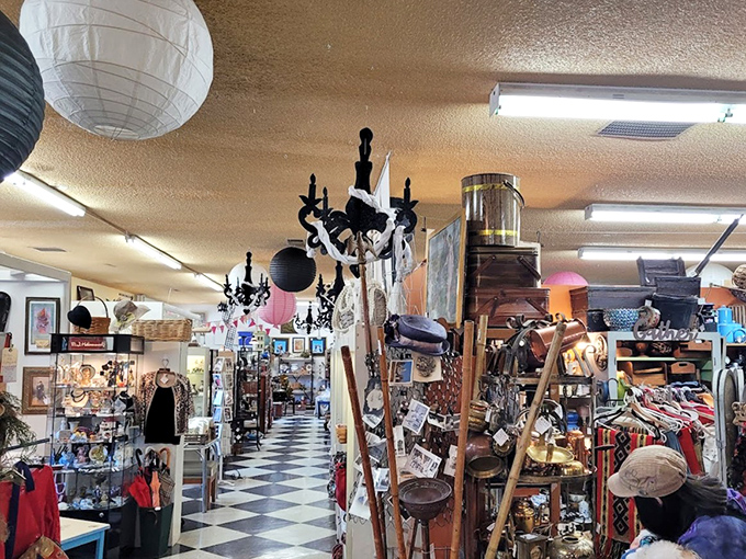 Black and white checkered floors lead you through a wonderland where chandeliers hang like elegant stalactites in this cave of wonders.