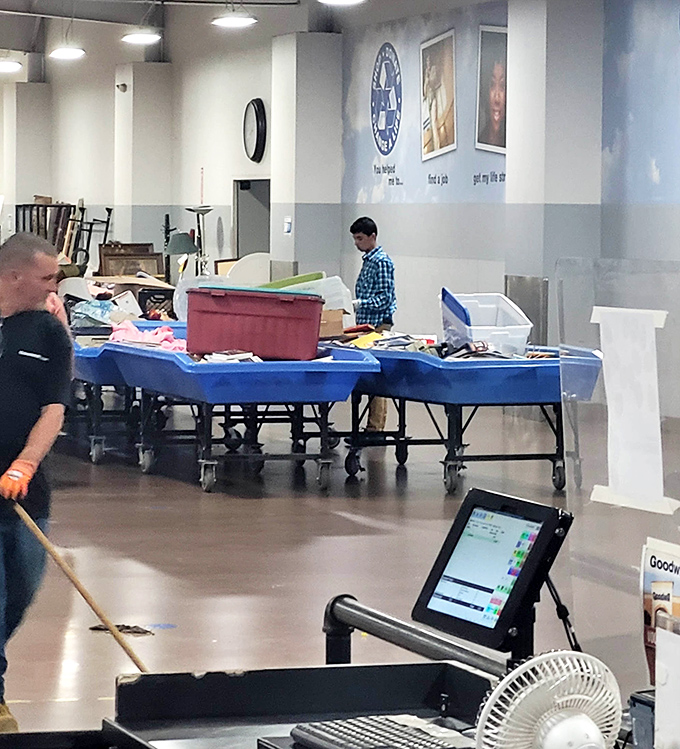 Blue tables loaded with possibility &ndash; where one person's castoffs become another's jackpot. The treasure hunt begins at these bins of potential. 