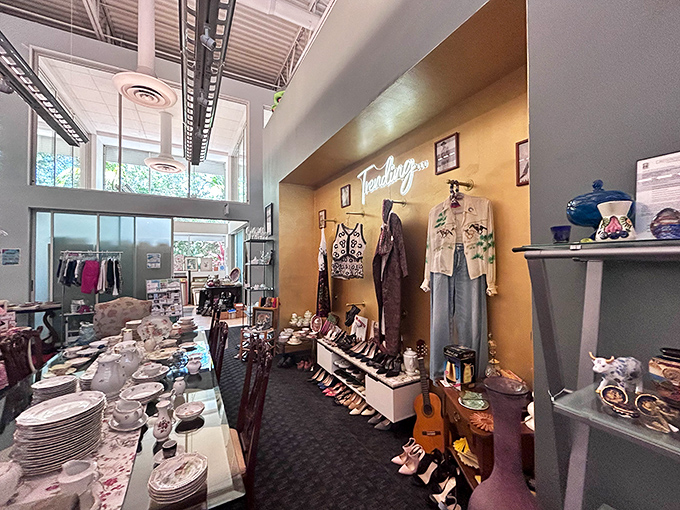 High ceilings and thoughtful displays transform what could be chaos into a carefully curated wonderland of second-life treasures.