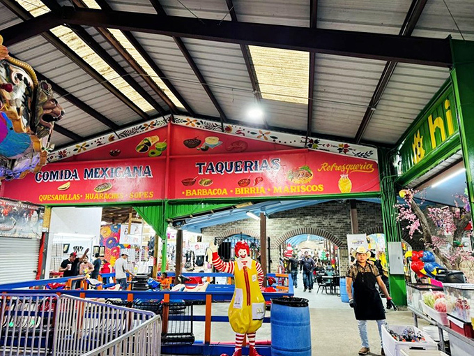 Vibrant taqueria stands beckon hungry shoppers with promises of authentic Mexican flavors. Even Ronald McDonald's cousin seems to approve of these non-corporate culinary delights. 