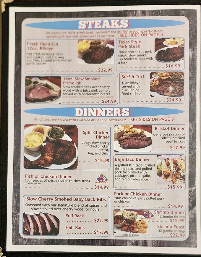 The menu reads like poetry to carnivores &ndash; slow-smoked prime rib, Texas-style pork steak, and those legendary cherry-smoked ribs calling your name.