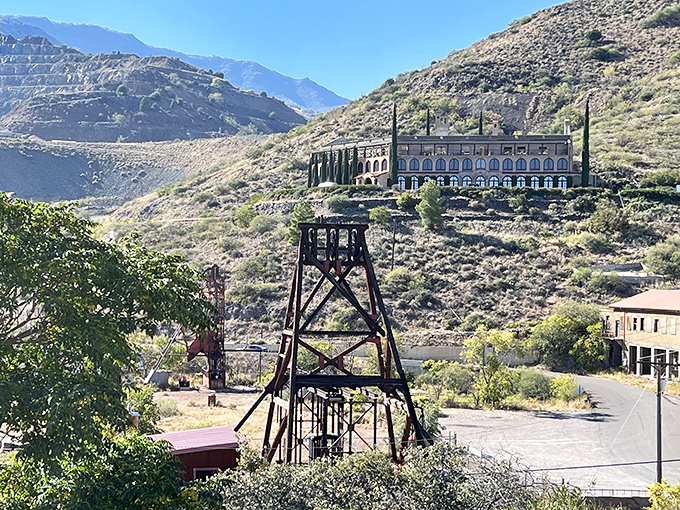 The old mining headframe stands as a reminder that some folks really went to extraordinary lengths for copper back then.