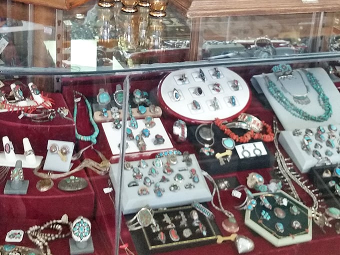 Turquoise and silver tell Wyoming's story in gemstone form. Each display case offers a jewelry time capsule spanning decades of American style.