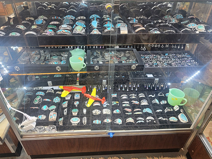 A jewelry case that sparkles with history. Each turquoise-adorned piece tells a story of craftsmanship that predates the "add to cart" era.