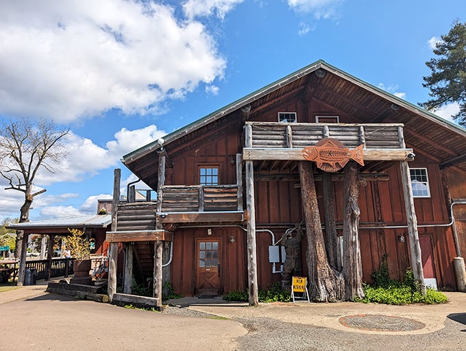 Kirk's Ferry Trading Post stands as a rustic testament to Oregon craftsmanship, where timber meets imagination in architectural harmony.