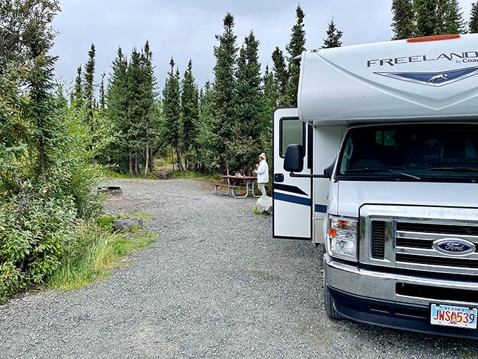RV paradise found. When your campsite comes with spruce trees as doormen and mountain views as wallpaper, you know you've discovered Alaska's version of luxury.