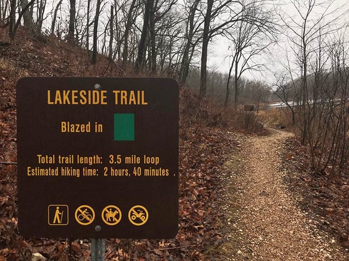 The Lakeside Trail sign promises a 3.5-mile adventure through Missouri's version of the Ozarks. Your FitBit will thank you later.