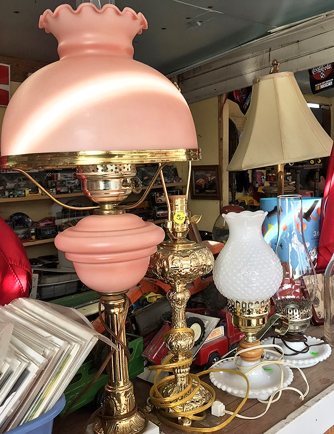 Vintage lighting that puts modern fixtures to shame. That pink hurricane lamp would make even Grandma say, "Now that's a statement piece!"