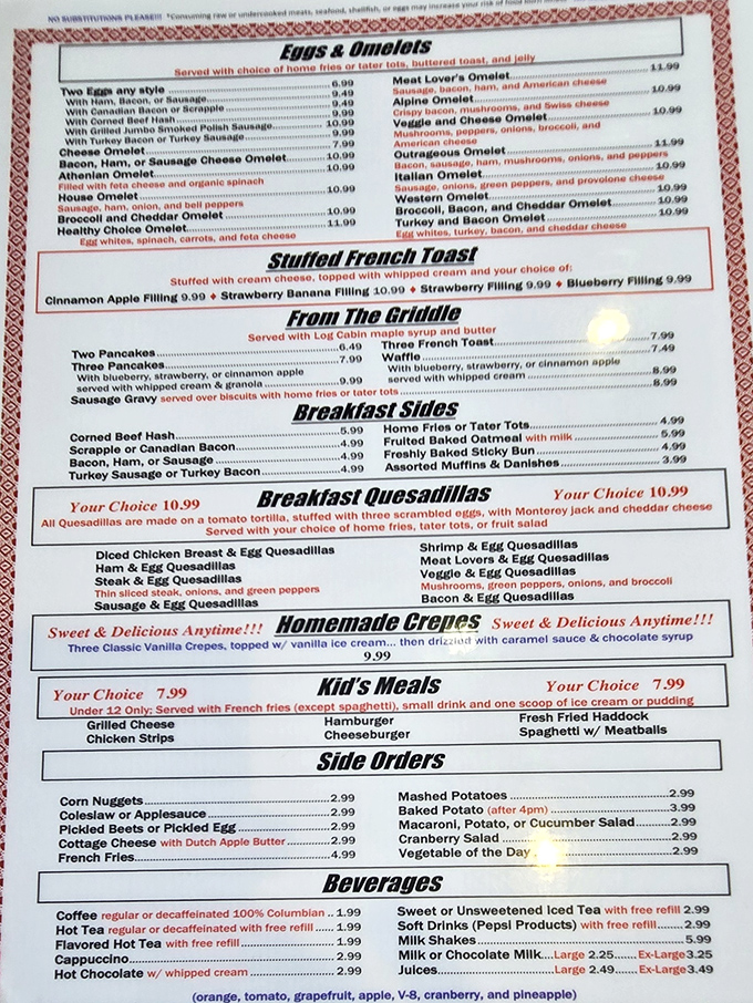 Menu treasure map: Each laminated page offers pathways to breakfast nirvana. The "Meat Lover's Omelet" isn't just a meal&mdash;it's a commitment.