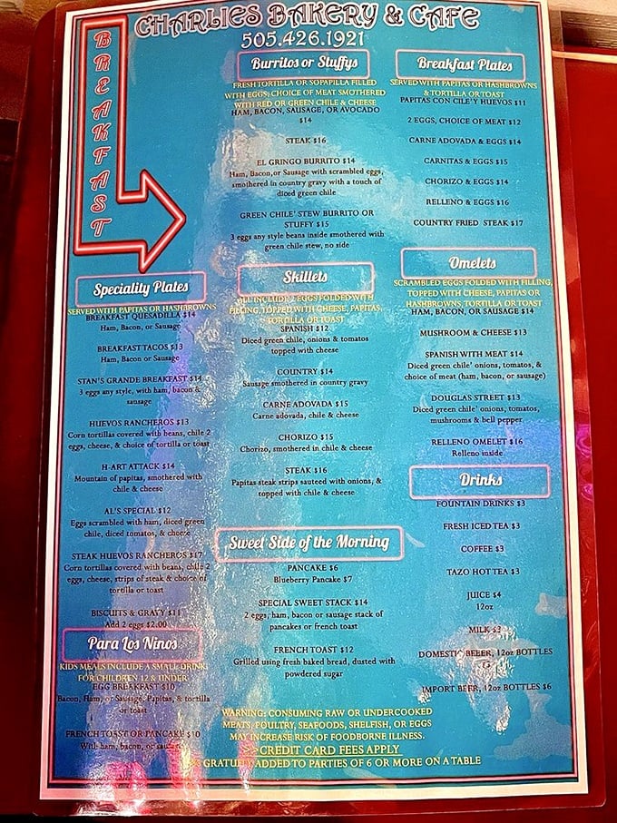 The legendary menu at Charlie's reads like a love letter to New Mexican cuisine, with breakfast reigning supreme all day long.