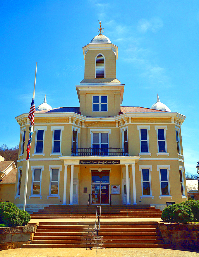 The Lewis County Courthouse gleams like a golden beacon of small-town governance. Its stately presence anchors the community with architectural splendor rarely seen in modern buildings.