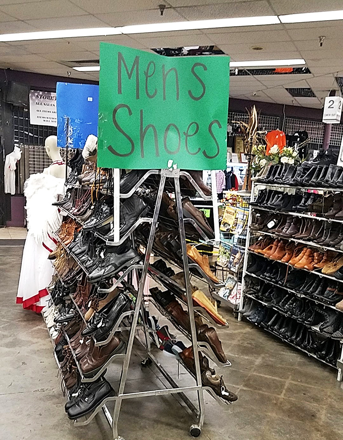 The men's shoe section: where forgotten Italian leather meets barely-worn work boots, all waiting for their second dance.