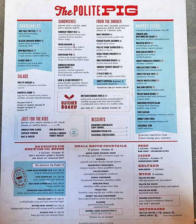 The menu reads like a love letter to smoked meats, with enough sides to make a vegetarian reconsider their life choices.