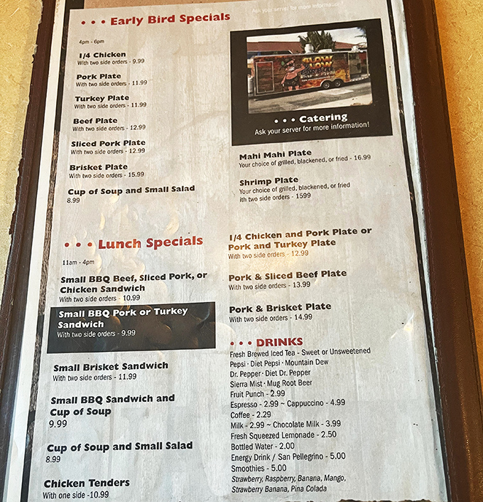 The menu reads like a love letter to smoked meat enthusiasts. Early bird specials prove that the early bird gets the brisket.