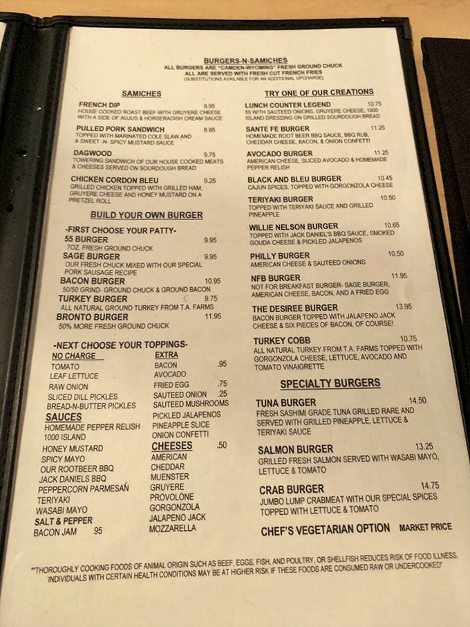 This menu isn't just a list&mdash;it's a roadmap to happiness. The "Build Your Own Burger" section alone could keep you occupied through retirement.