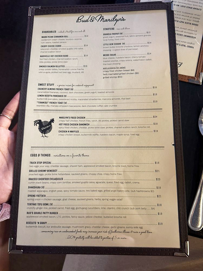 A menu that reads like a love letter to American comfort food. Notice how "Marilyn's Fried Chicken" gets its own special spotlight&mdash;for good reason!