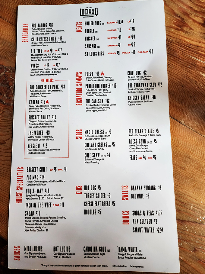 This menu reads like a love letter to smoke and spice, organized better than your sock drawer.