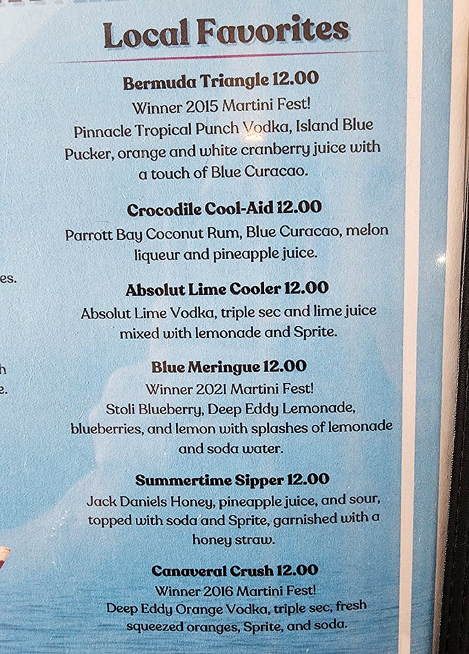 The cocktail menu reads like a tropical vacation itinerary. That Bermuda Triangle might make you forget where you parked.
